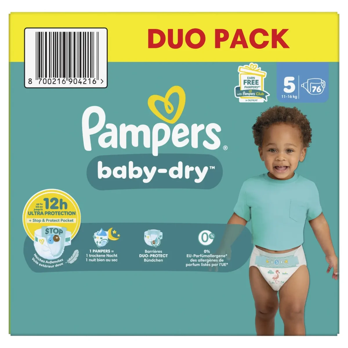 Couches Baby Dry Duo Pack taille 5 (11-16 kg) protection 12h - PAMPERS ...